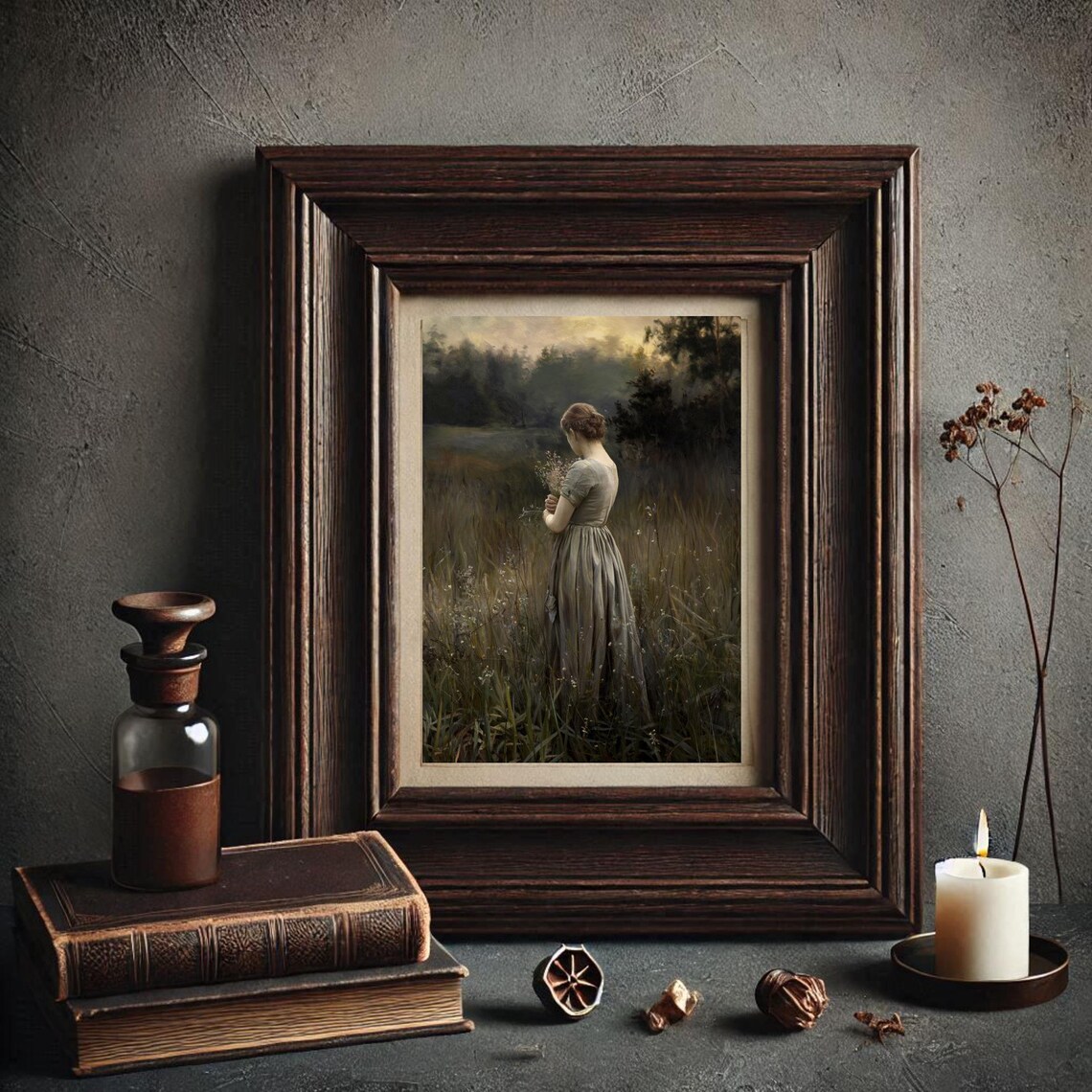 Printable Dark Moody Lady Collecting Wildflower Oil Painting - Vintage ...