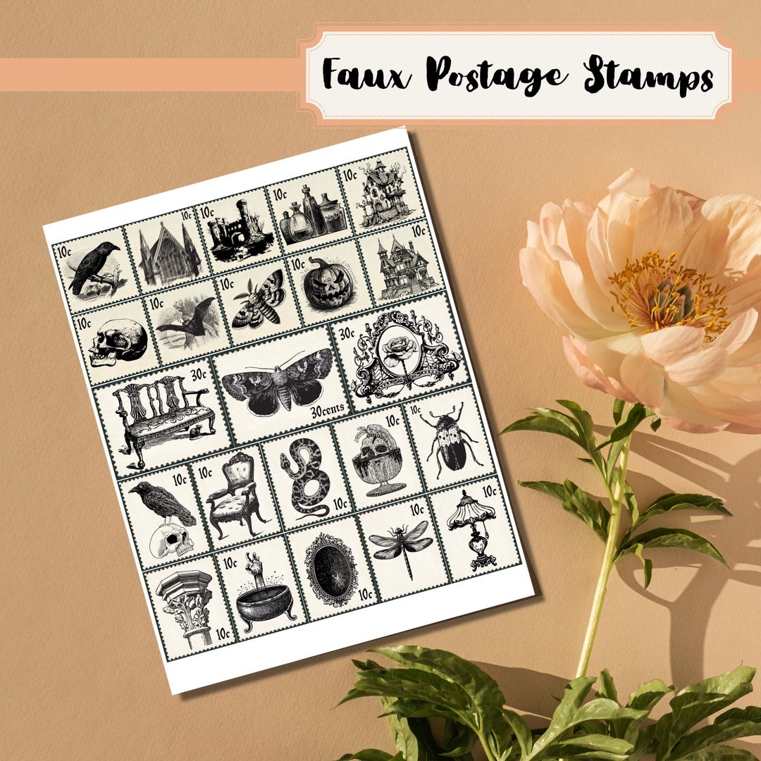 Gothic Style Faux Postage Stamps Printable Sheet, Vintage Post Stamps ...