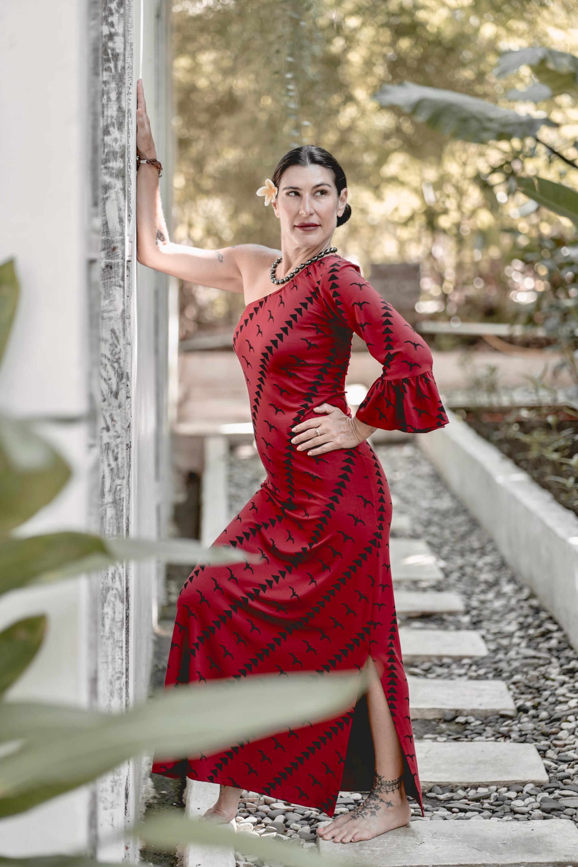 Iwa Bird and Manō (shark) Dress in Maroon - Mu’u Mu’u - Long Dress ...