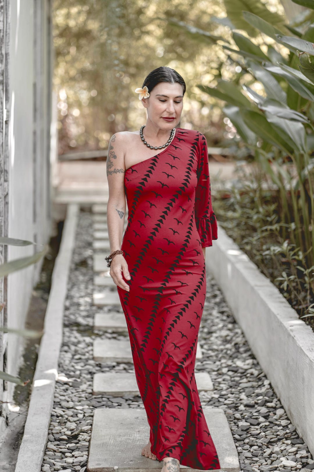 Iwa Bird and Manō (shark) Dress in Maroon - Mu’u Mu’u - Long Dress ...