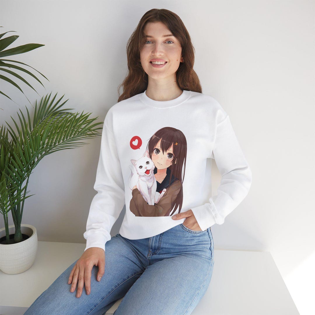 Custom Anime Girl With a Cat Sweatshirt, Kawaii Crewneck Jumper, Cute ...