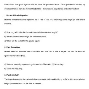 Algebra 1 Worksheet Regarding the Math Movie October Sky - Etsy