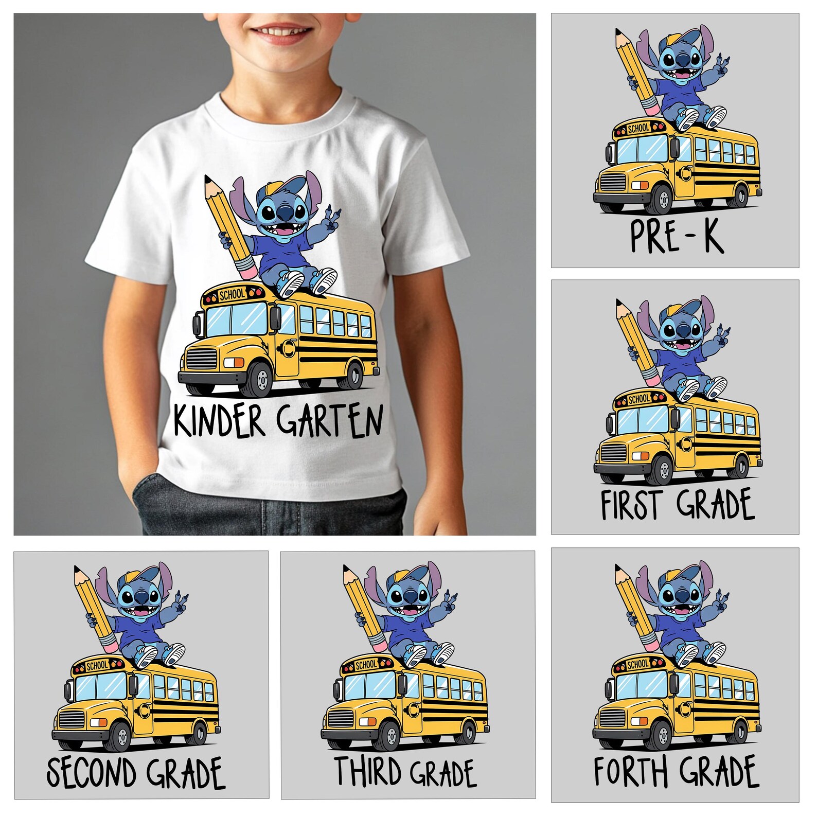 Back to School Stitch T Shirt Kids Grade Level School Bus Graphic Tee ...