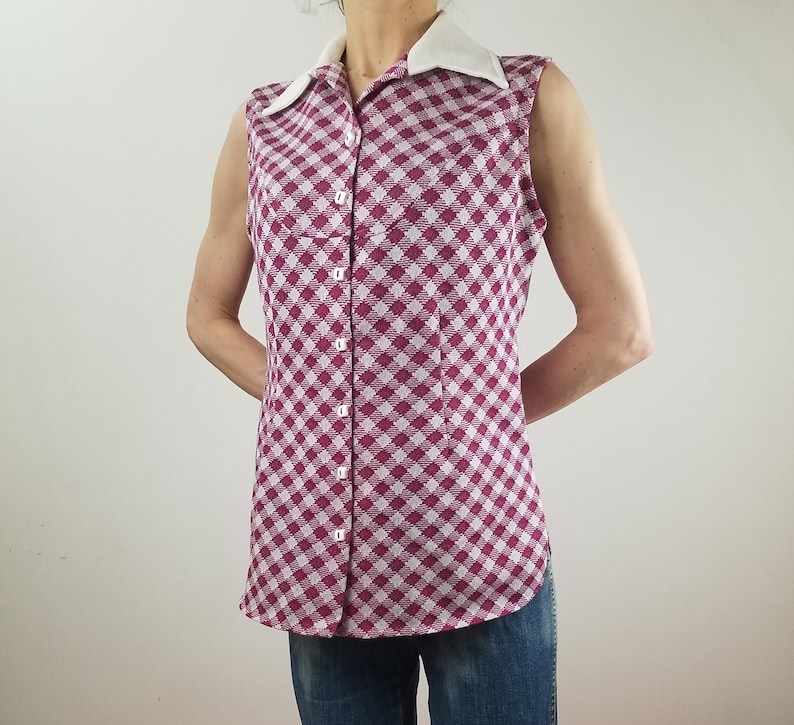Vintage 70s Sleeveless Button up Shirt /plum Checkerboard Top Big White ...