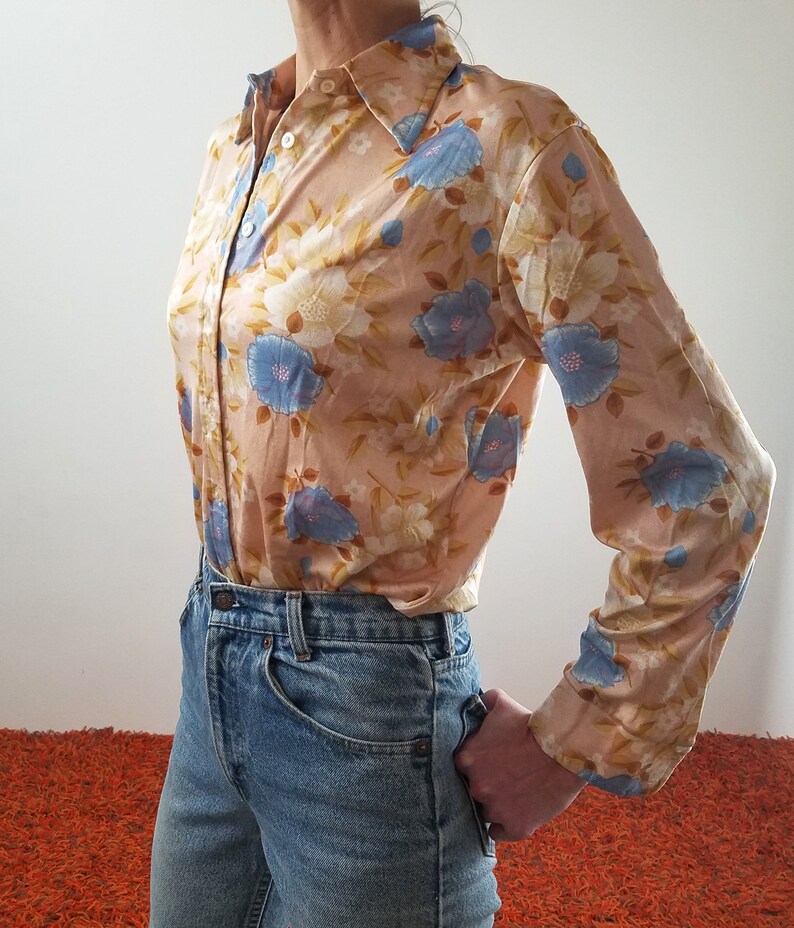 Vintage 70s Floral Nylon Blouse /disco Shirt Tan Button up Top - Etsy