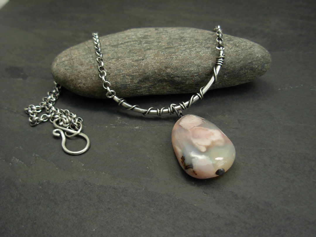 Pendant Necklace Pink Flower Jasper Handmade Wire Wrapped Sterling ...