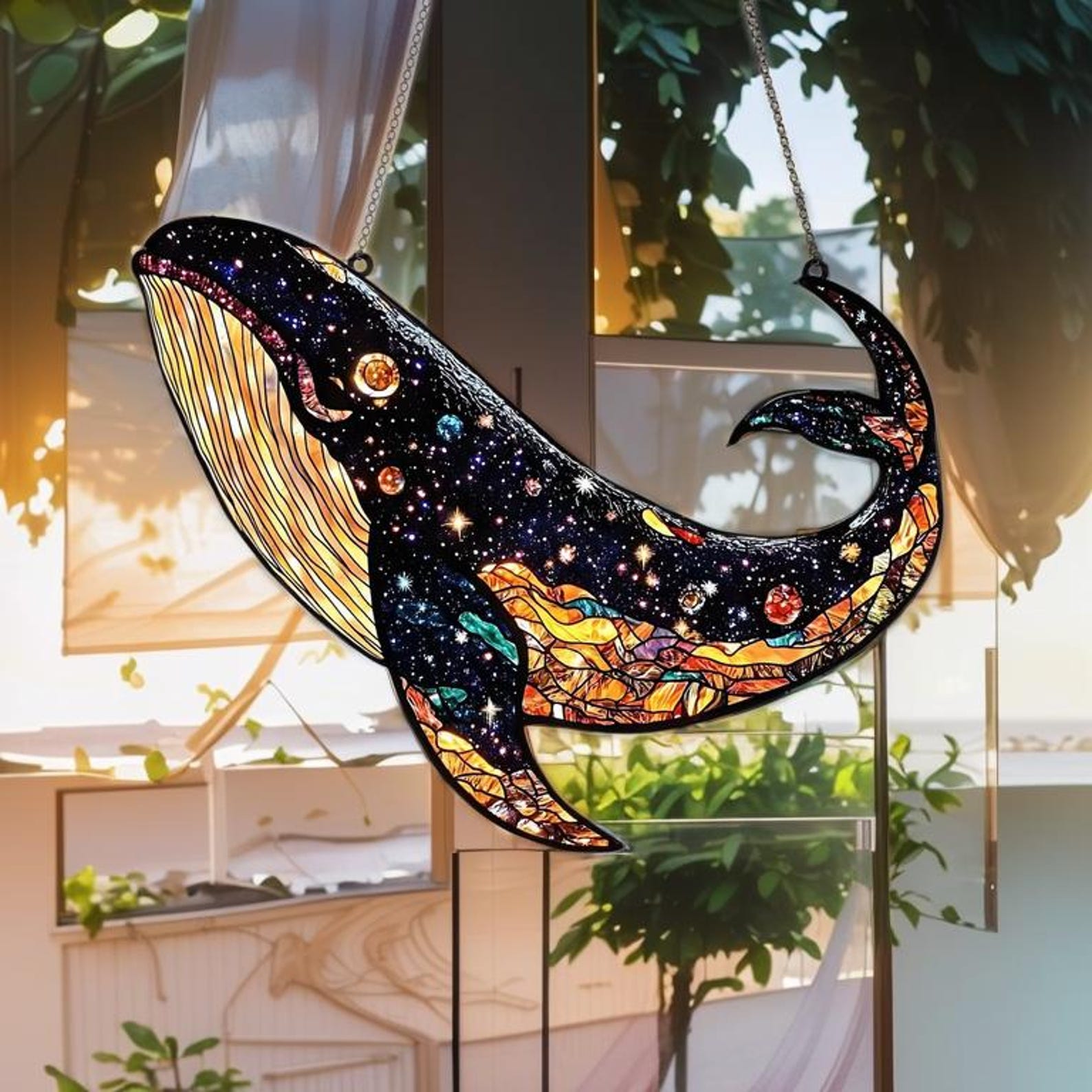 Ocean Whale Acrylic Suncatcher Window Hanging, Faux Stained Glass Ocean ...