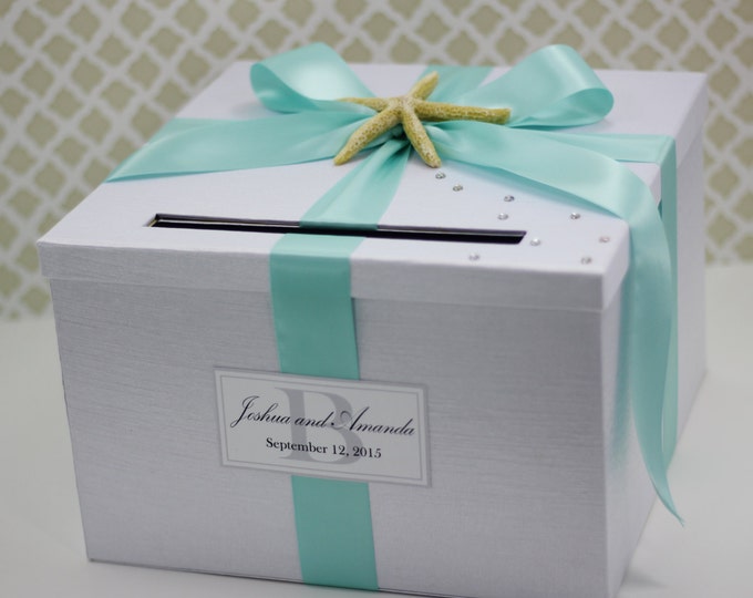 Wedding Card Box White Aqua Blue Starfish Beach Wedding Customizable - Etsy