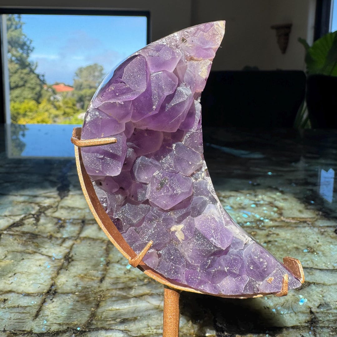 Rare! Druzy Sugar Amethyst Moon on Custom Stand - Big Cluster Points - Etsy