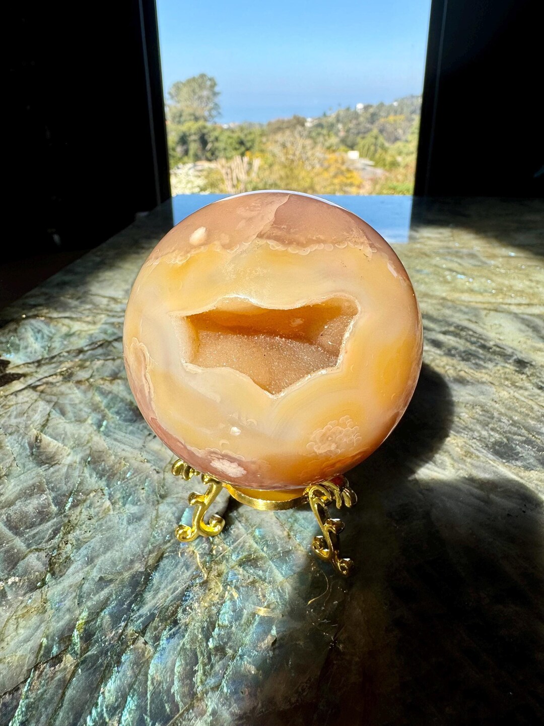 65mm Rare Flower Agate Sphere With Golden Druzy and Lovely Flower ...