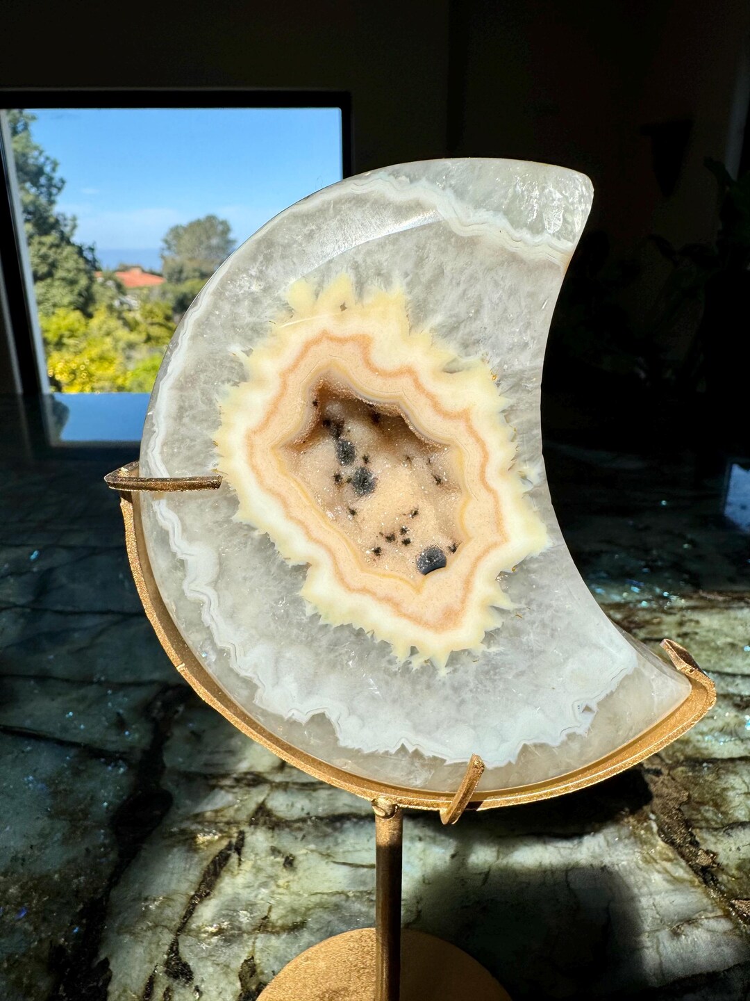 Rare Druzy Sugary Yellow Agate Moon From Brazil With Black Goethite ...