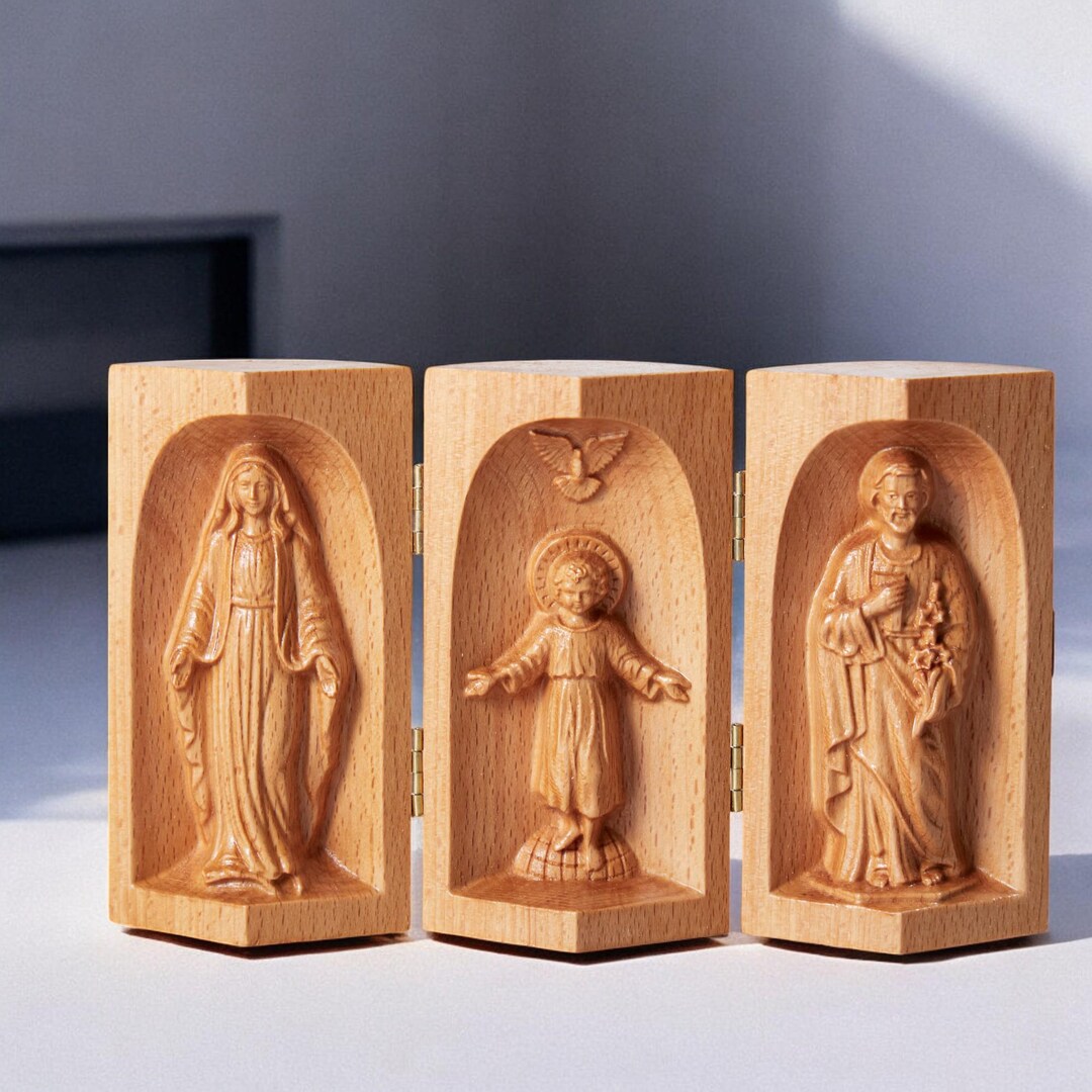 Hand Carved Holy Family Triptych: Wooden Jesus, Mary, Joseph ...