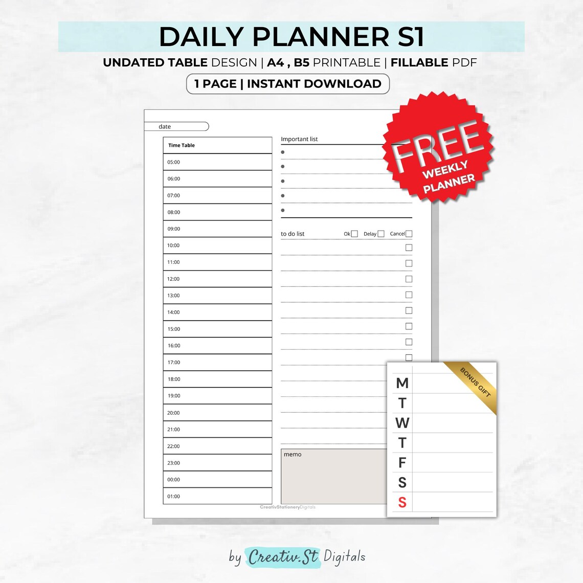 Daily Planner S1 Minimalist Design Inserts, Daily Schedule, Printable ...