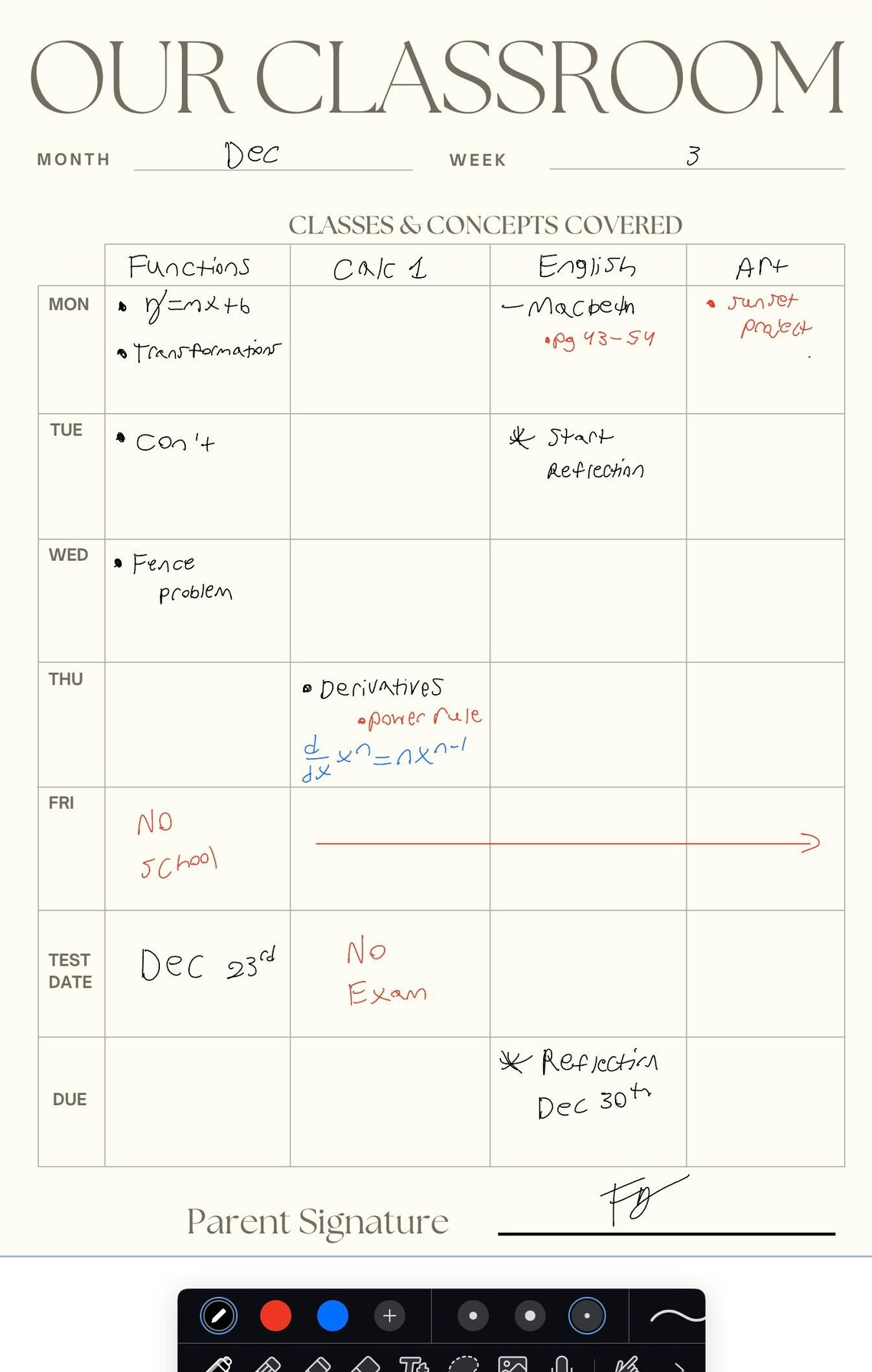Digital & Printable Weekly Class Calendar for High School Teachers ...