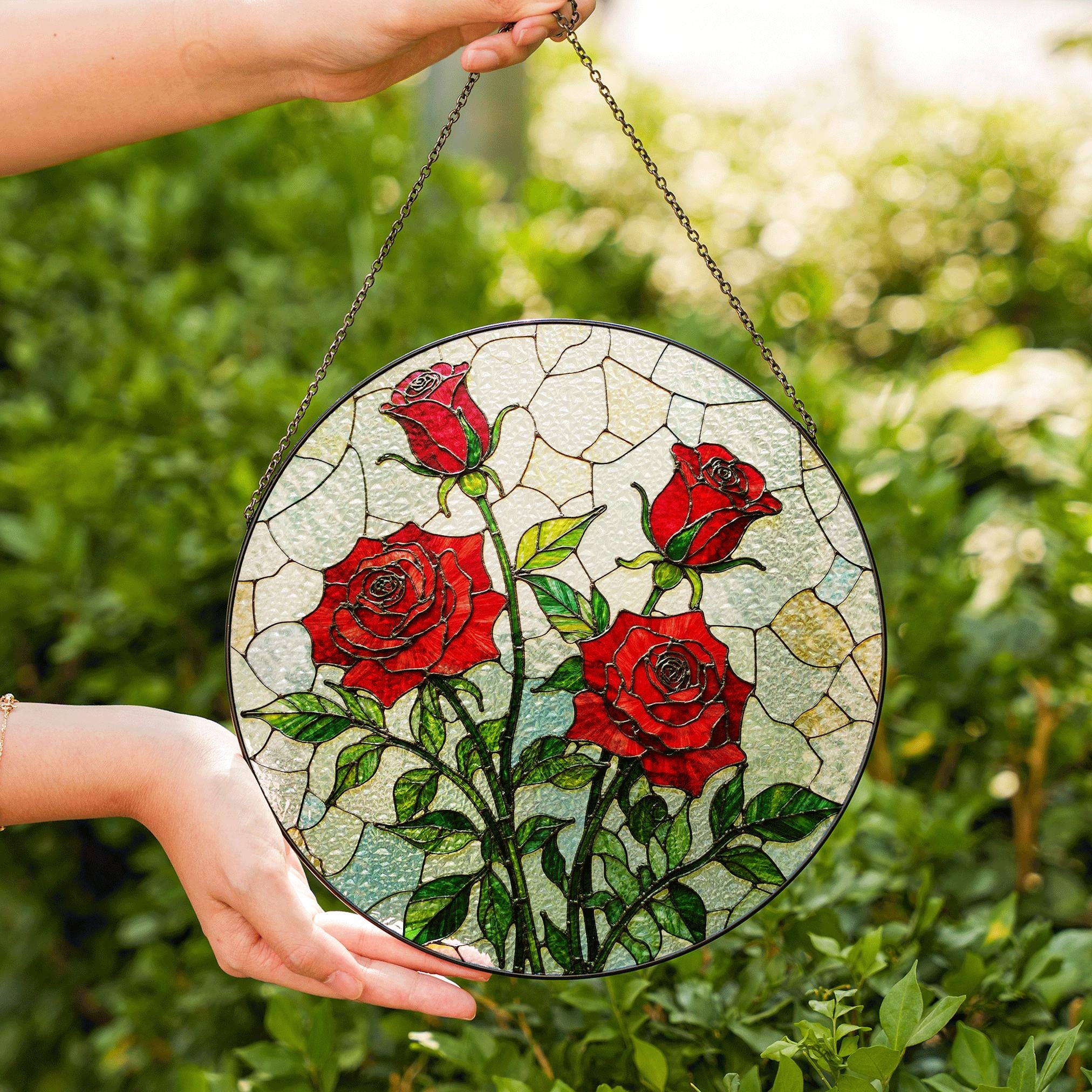Red Rose Art Glass Window Hanging Stained Glass Suncatcher Gift for Mom ...