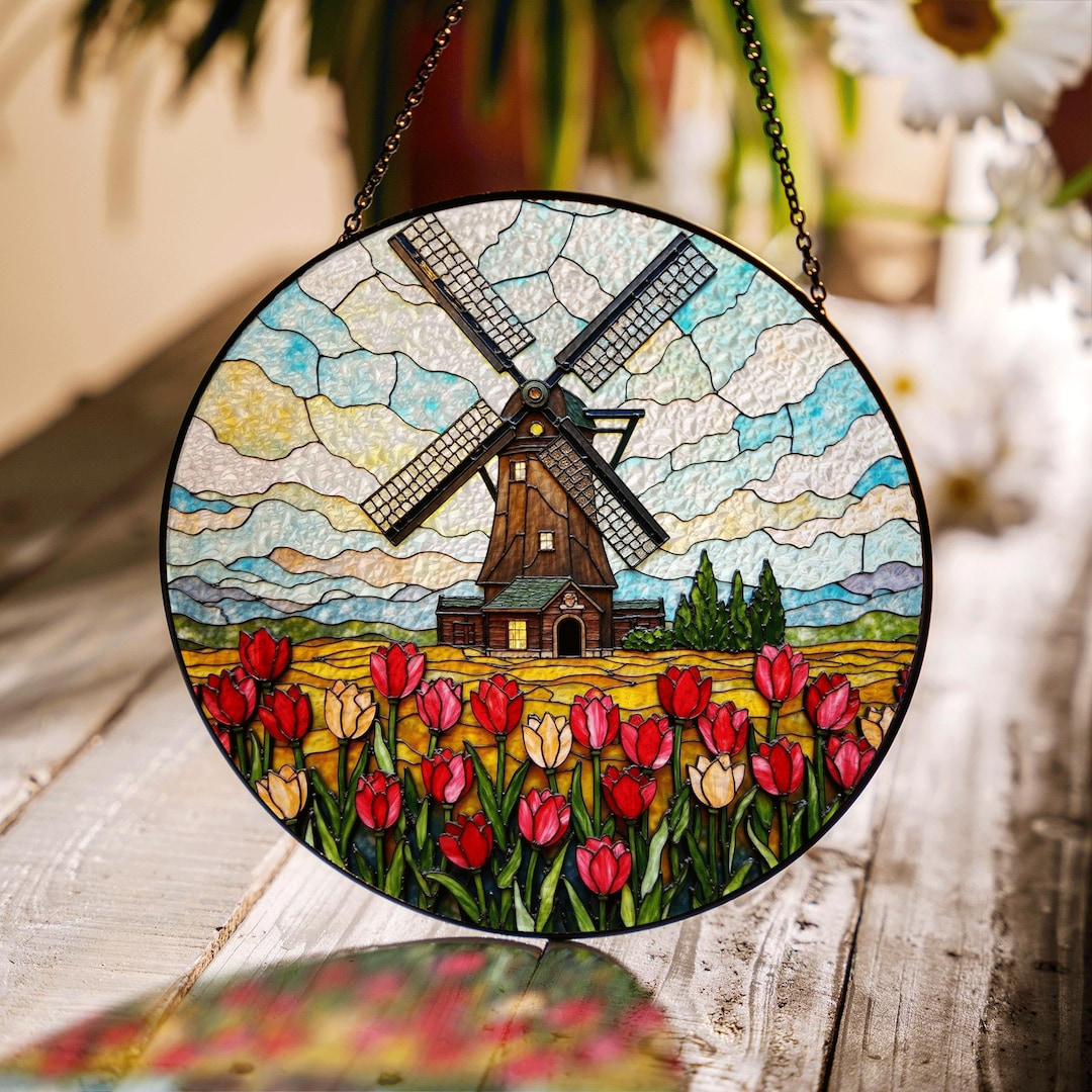 Dutch Windmill Tulip Field Stained Glass Window Hanging Floral ...