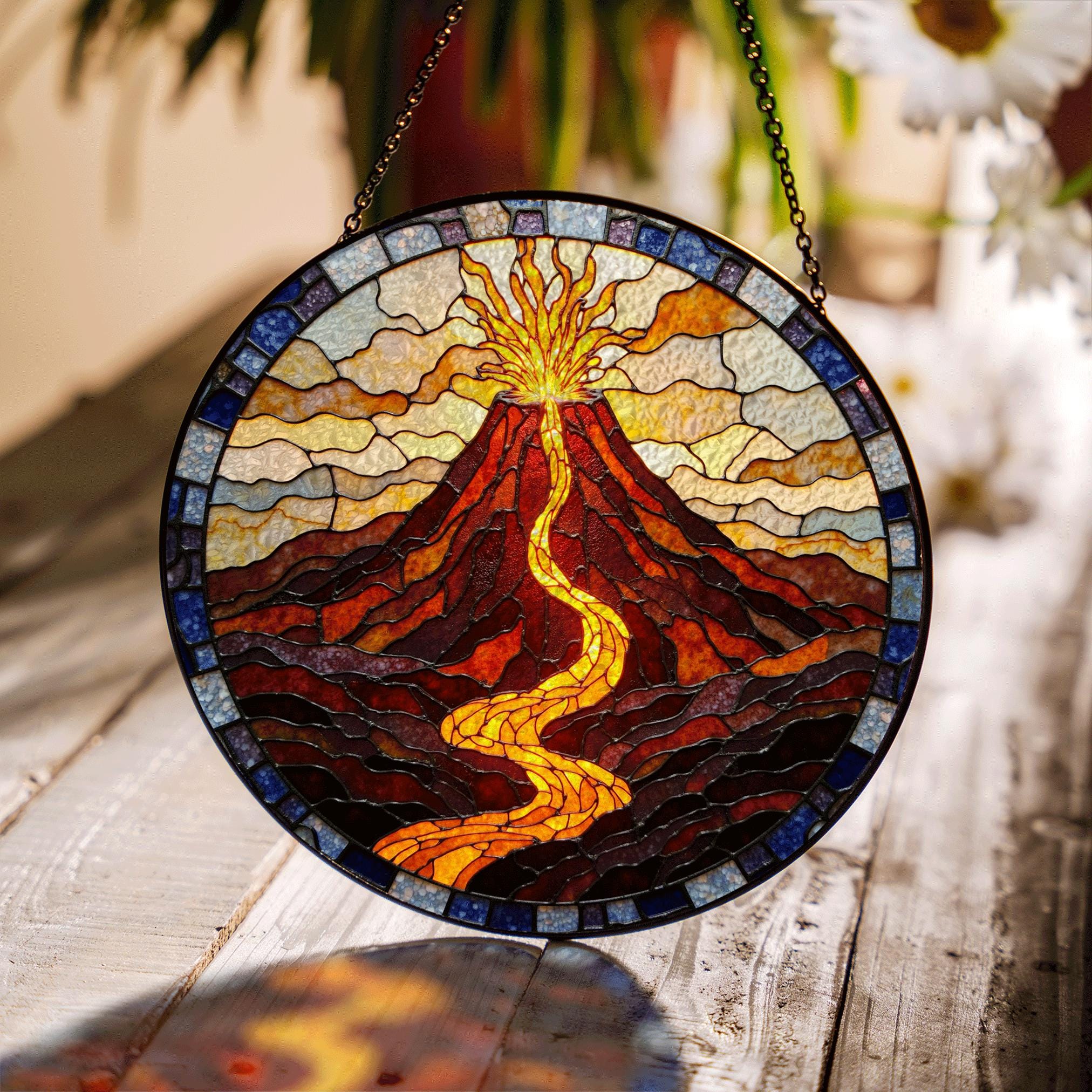 Suncatcher Stained Glass Volcano Eruption With Flowing Lava ...