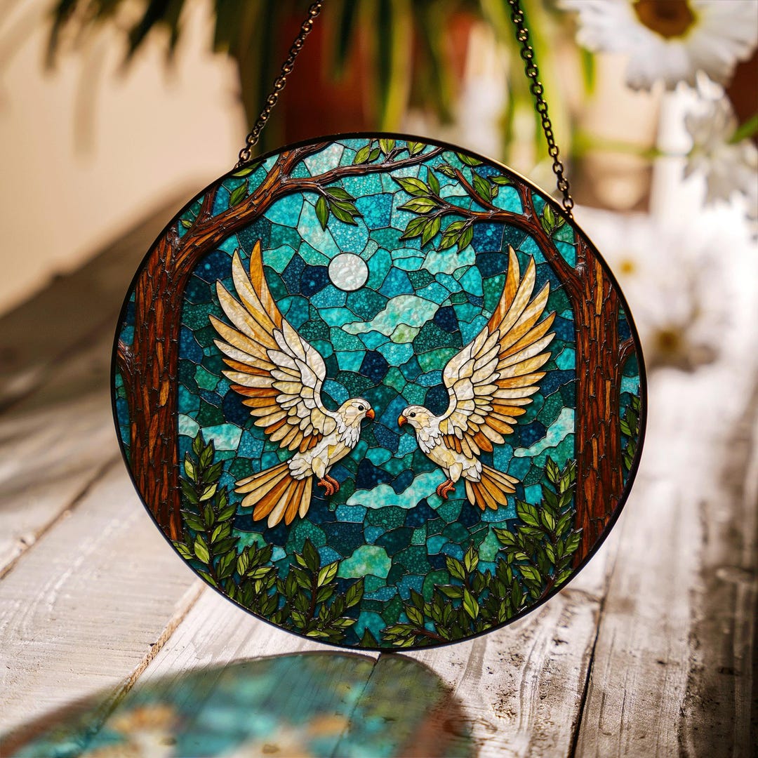 Moonlit Forest Doves Stained Glass Style Round Suncatcher Bird Art ...