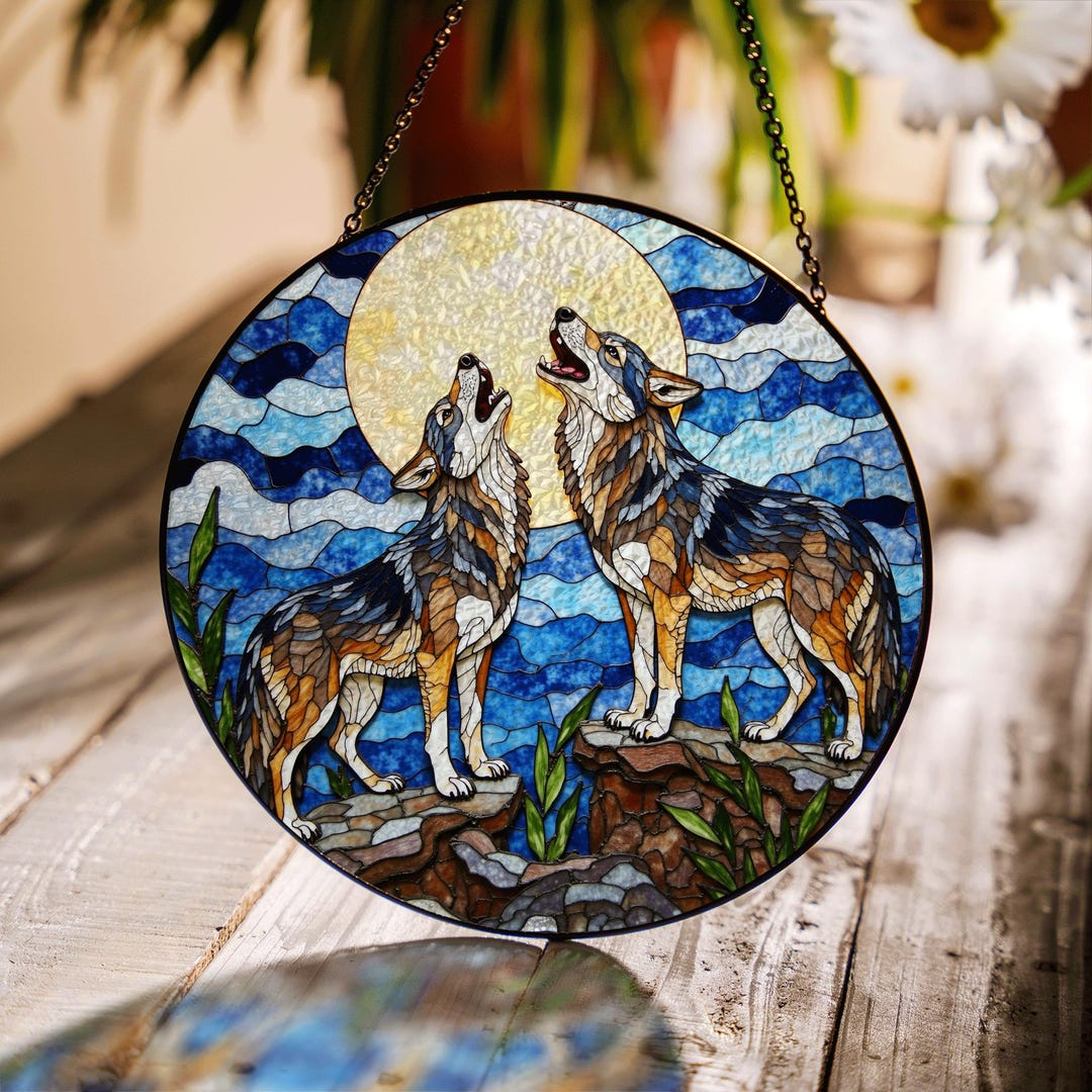 Howling Wolves Under Full Moon Stained Glass Suncatcher Nature Window ...