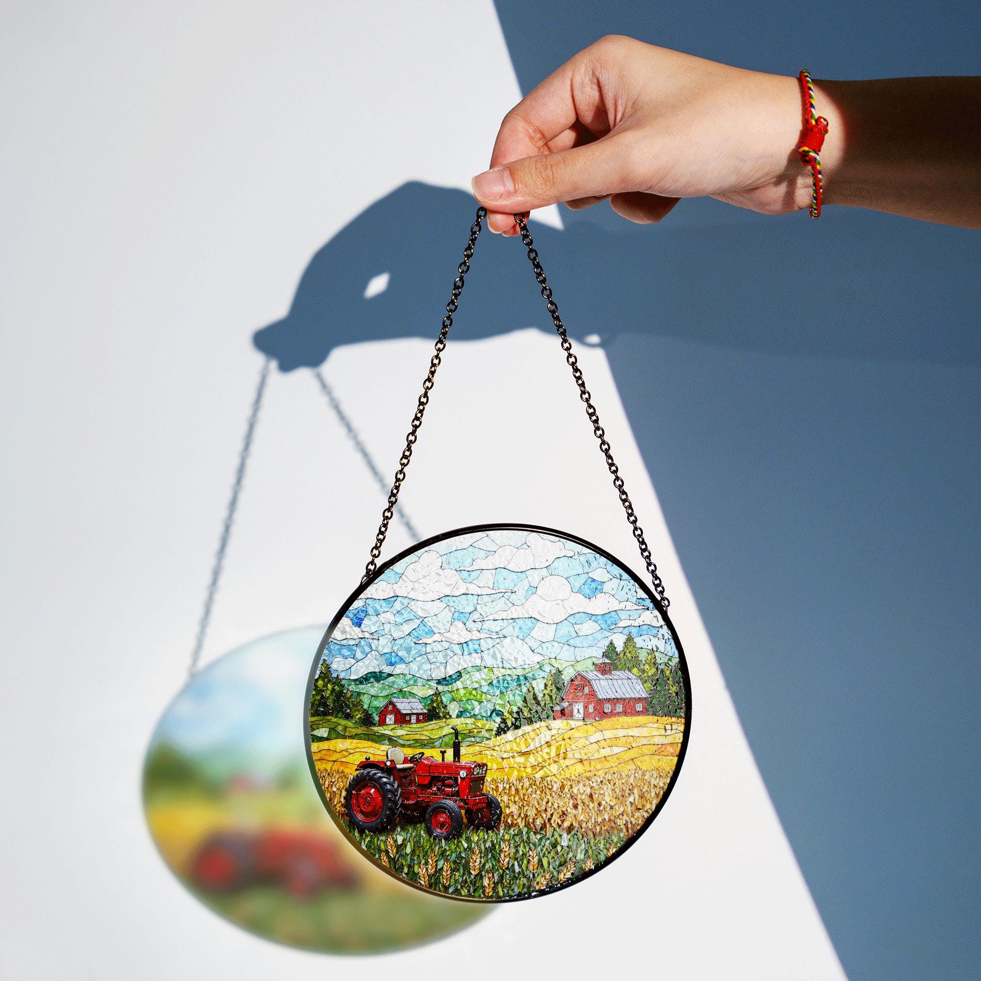 Red Tractor Farm Scene Stained Glass Suncatcher Country Landscape ...