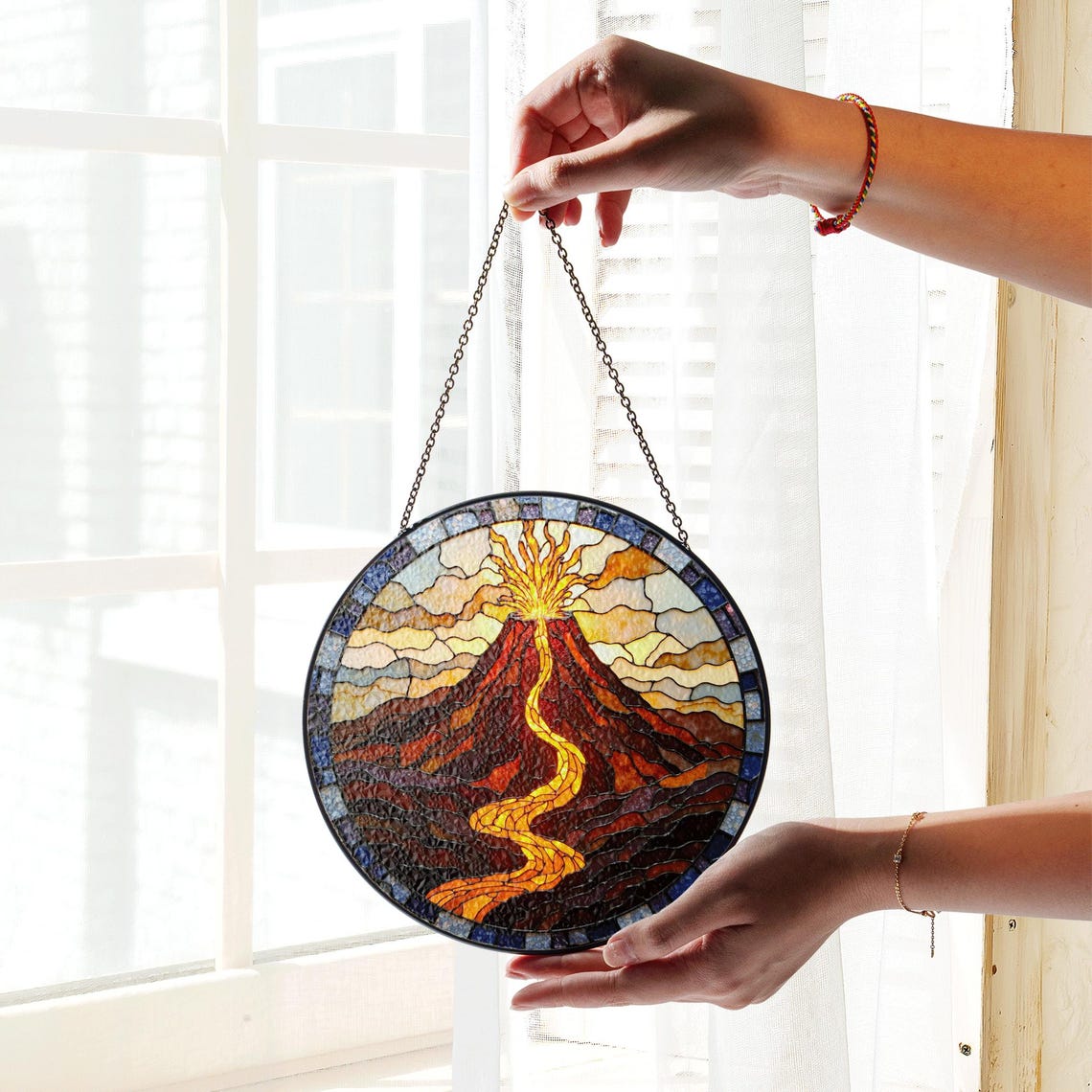 Suncatcher Stained Glass Volcano Eruption With Flowing Lava ...