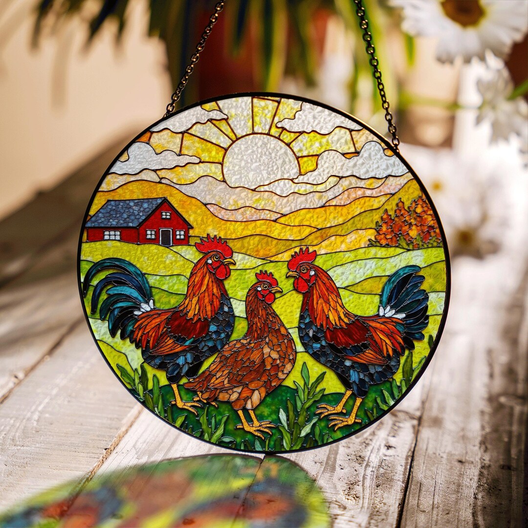 Roosters Hens Farmhouse Scene Round Stained Glass Suncatcher Gift for ...