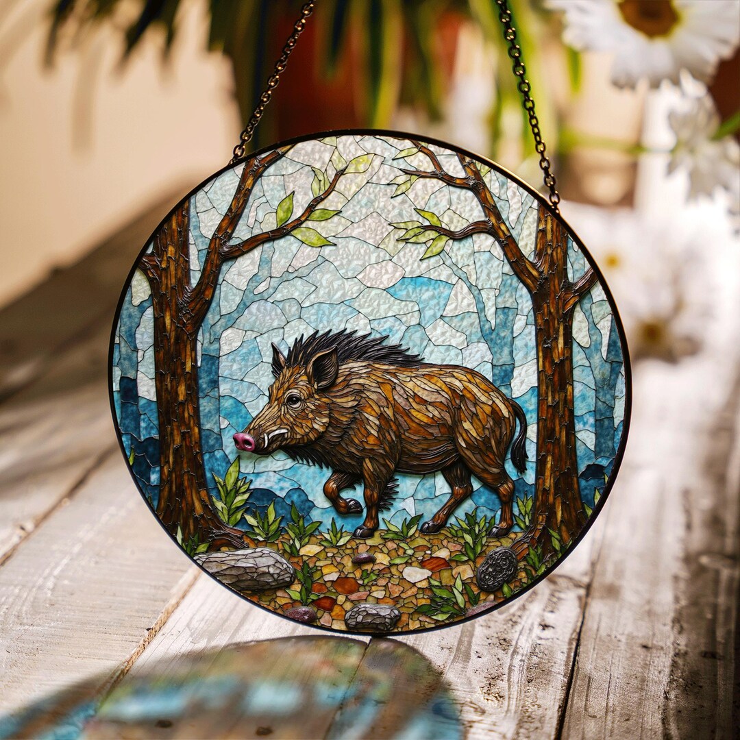 Wild Boar Forest Scene Stained Glass Suncatcher Woodland Animal Window ...
