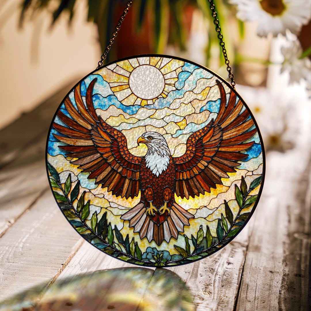 Bald Eagle Flying Stained Glass Round Panel Window Hanging Suncatcher ...