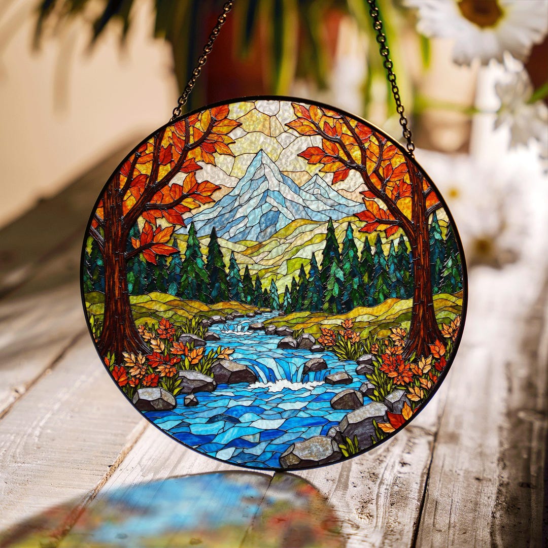 Autumn Forest Stream Suncatcher Stained Glass Mountain River Panel Gift ...