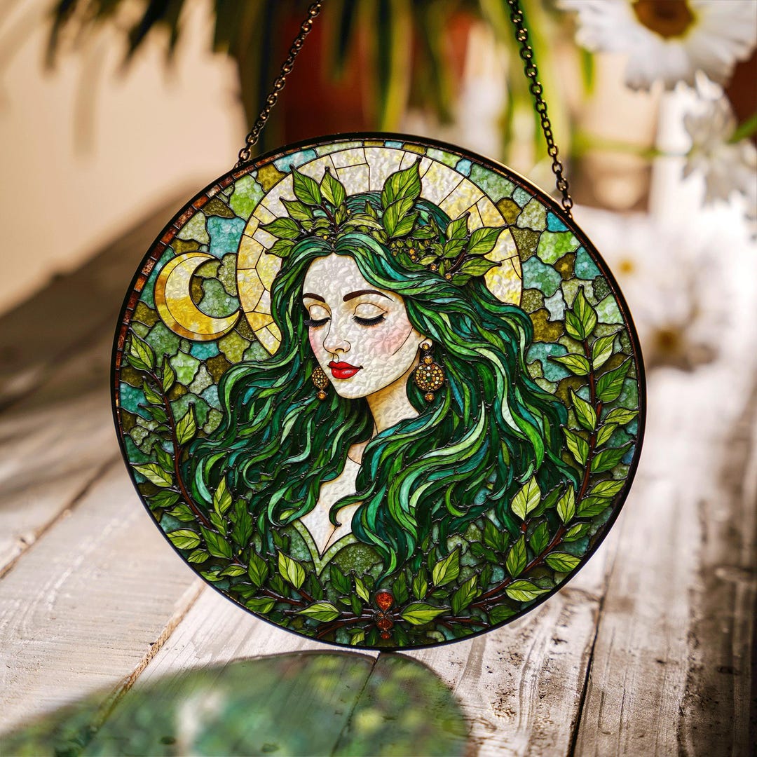 Green Leaf Goddess Suncatcher Stained Glass Forest Fairy Window Art ...