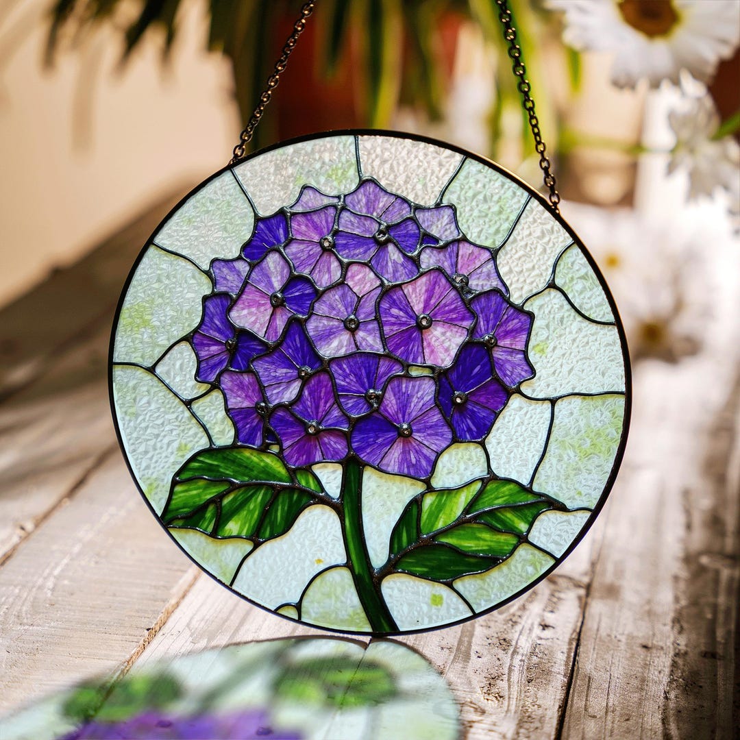 Purple Hydrangea Flower Stained Glass Suncatcher Window Decor Gift for ...