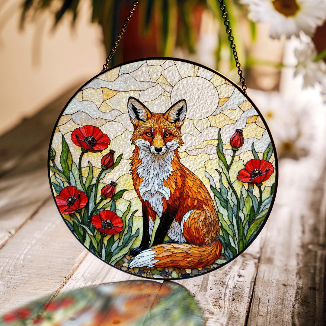 Red Fox in Poppy Field Suncatcher Stained Glass Style Window Art Gift ...