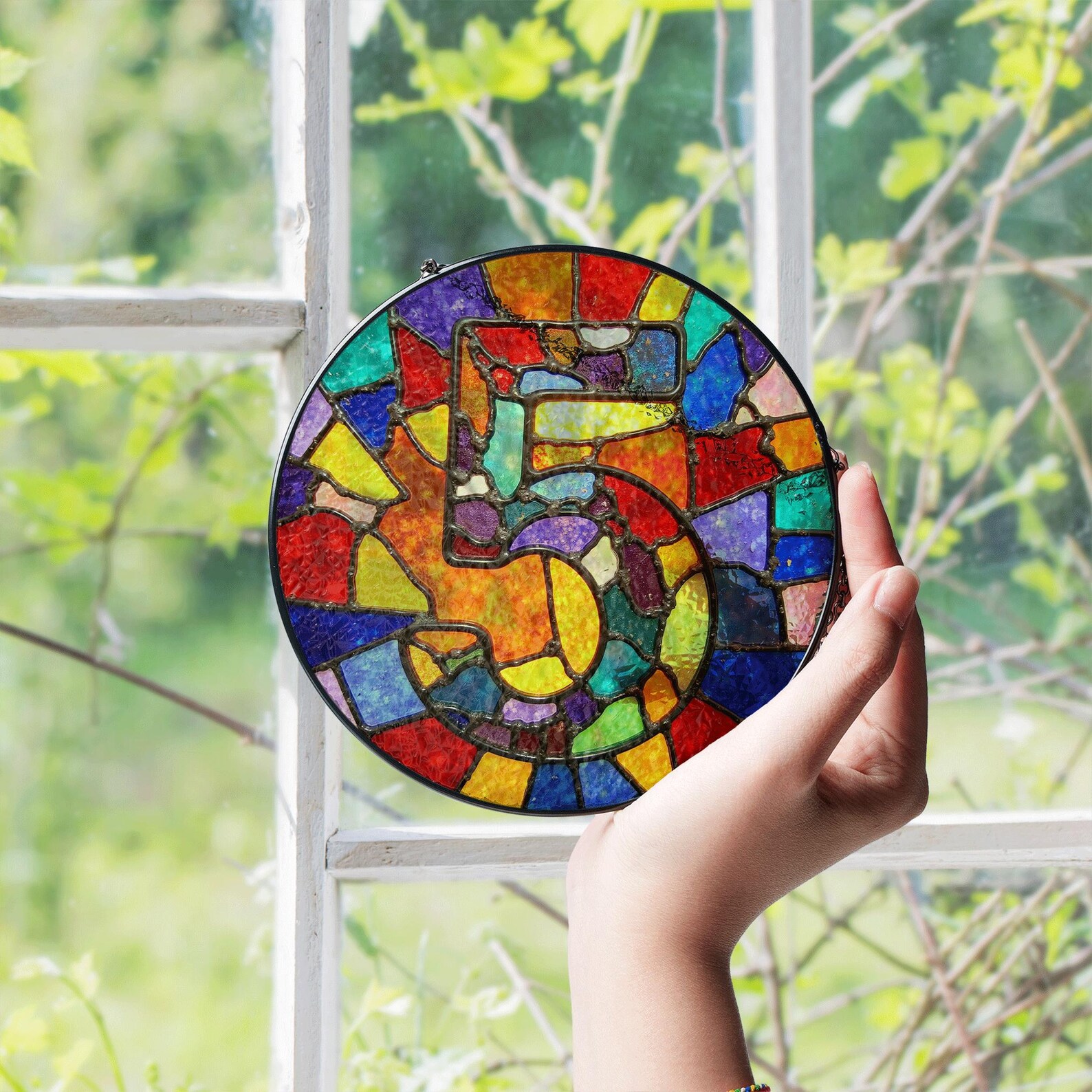 Vibrant Stained Glass Number 5 Panel Window Decor Colorful Suncatcher ...