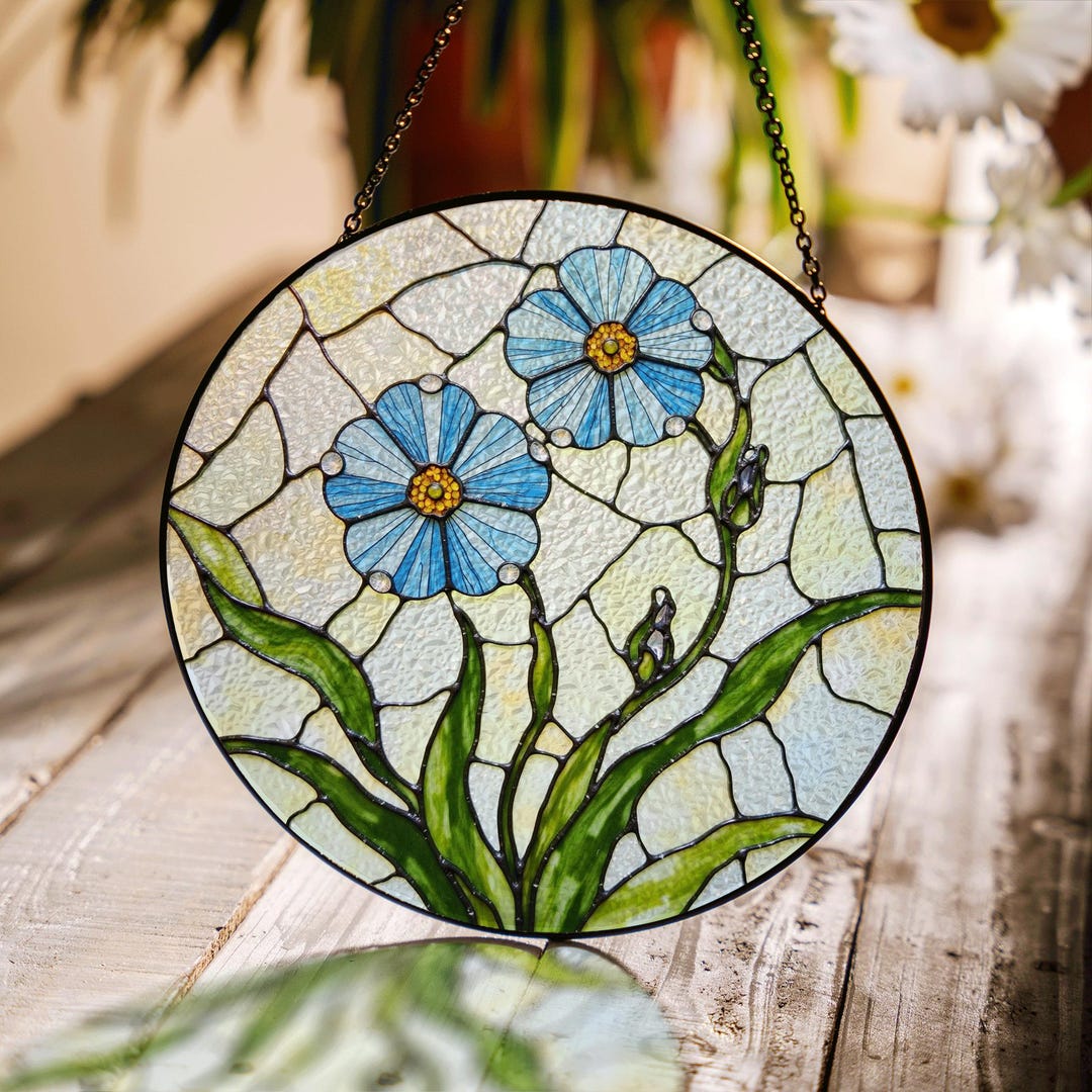 Blue Flower Stained Glass Round Panel Spring Garden Suncatcher Gift for ...