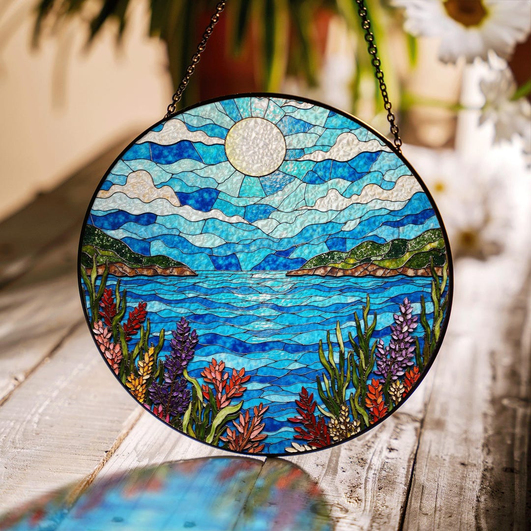 Moonlit Lake View Stained Glass Window Suncatcher Mountain Landscape ...