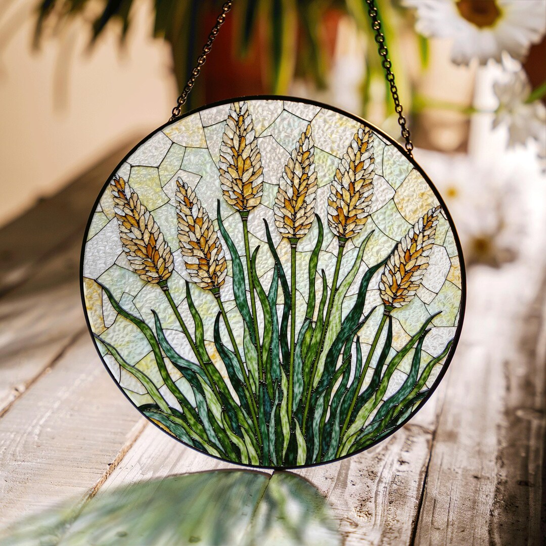 Golden Wheat Field Stained Glass Panel Rustic Suncatcher Window Art ...