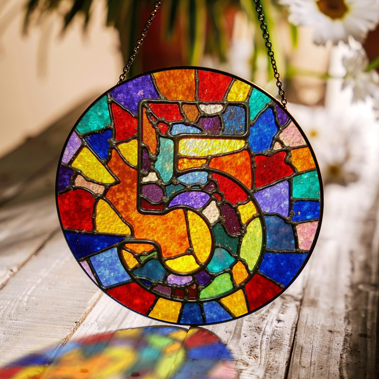 Vibrant Stained Glass Number 5 Panel Window Decor Colorful Suncatcher ...