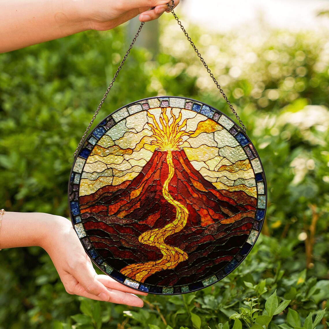Suncatcher Stained Glass Volcano Eruption With Flowing Lava ...