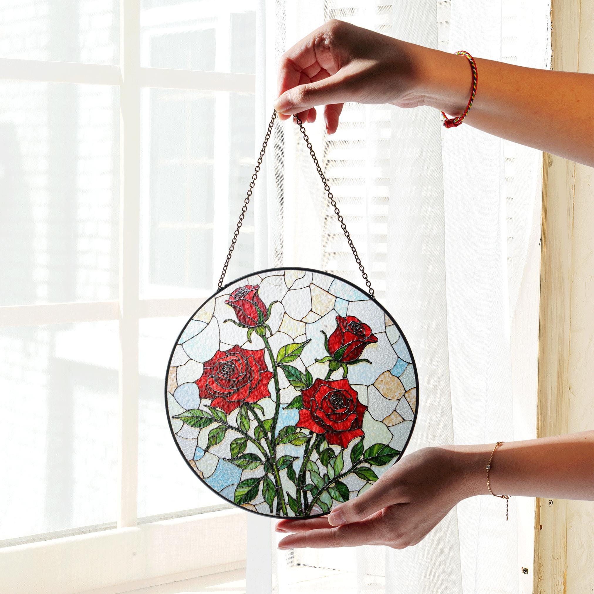 Red Rose Art Glass Window Hanging Stained Glass Suncatcher Gift for Mom ...