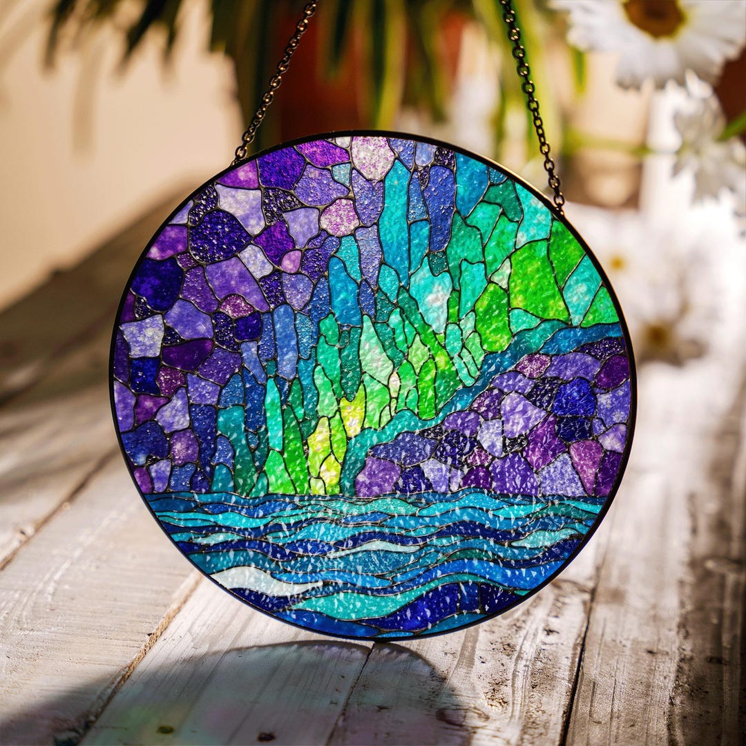 Northern Lights Stained Glass Suncatcher Window Decor Gift for Nature ...