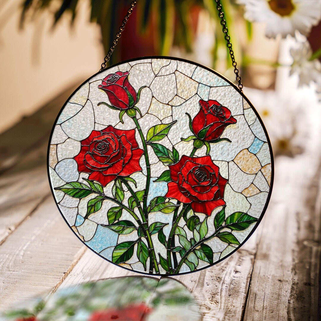 Red Rose Art Glass Window Hanging Stained Glass Suncatcher Gift for Mom ...