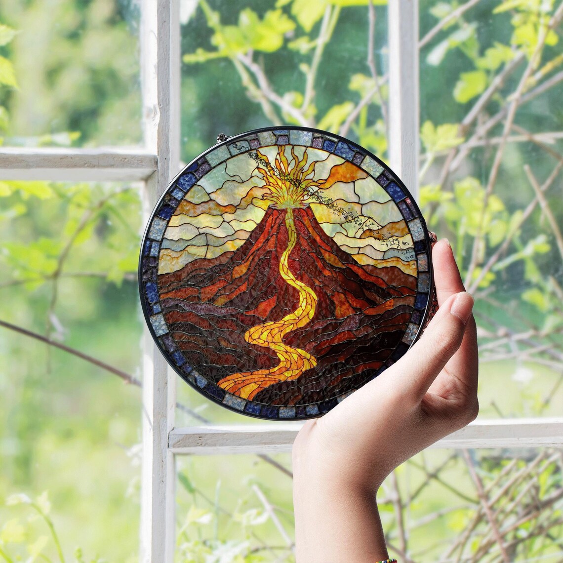 Suncatcher Stained Glass Volcano Eruption With Flowing Lava ...