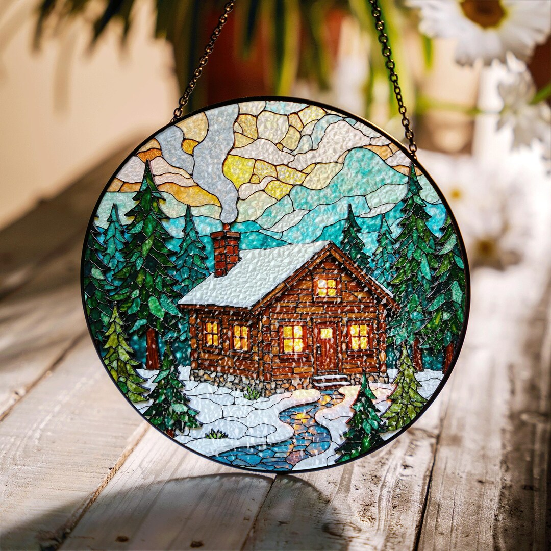 Cozy Cabin Stained Glass Suncatcher Winter Decor Gift for Nature Lovers ...
