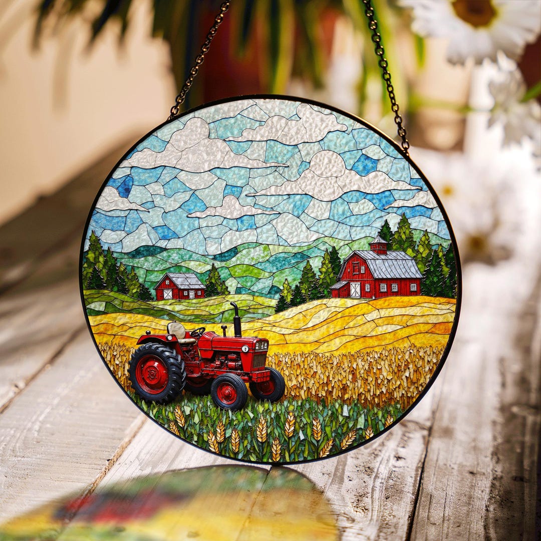 Red Tractor Farm Scene Stained Glass Suncatcher Country Landscape ...