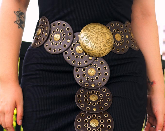 90s Black Leather Disc Belt Brass Buckle - Etsy