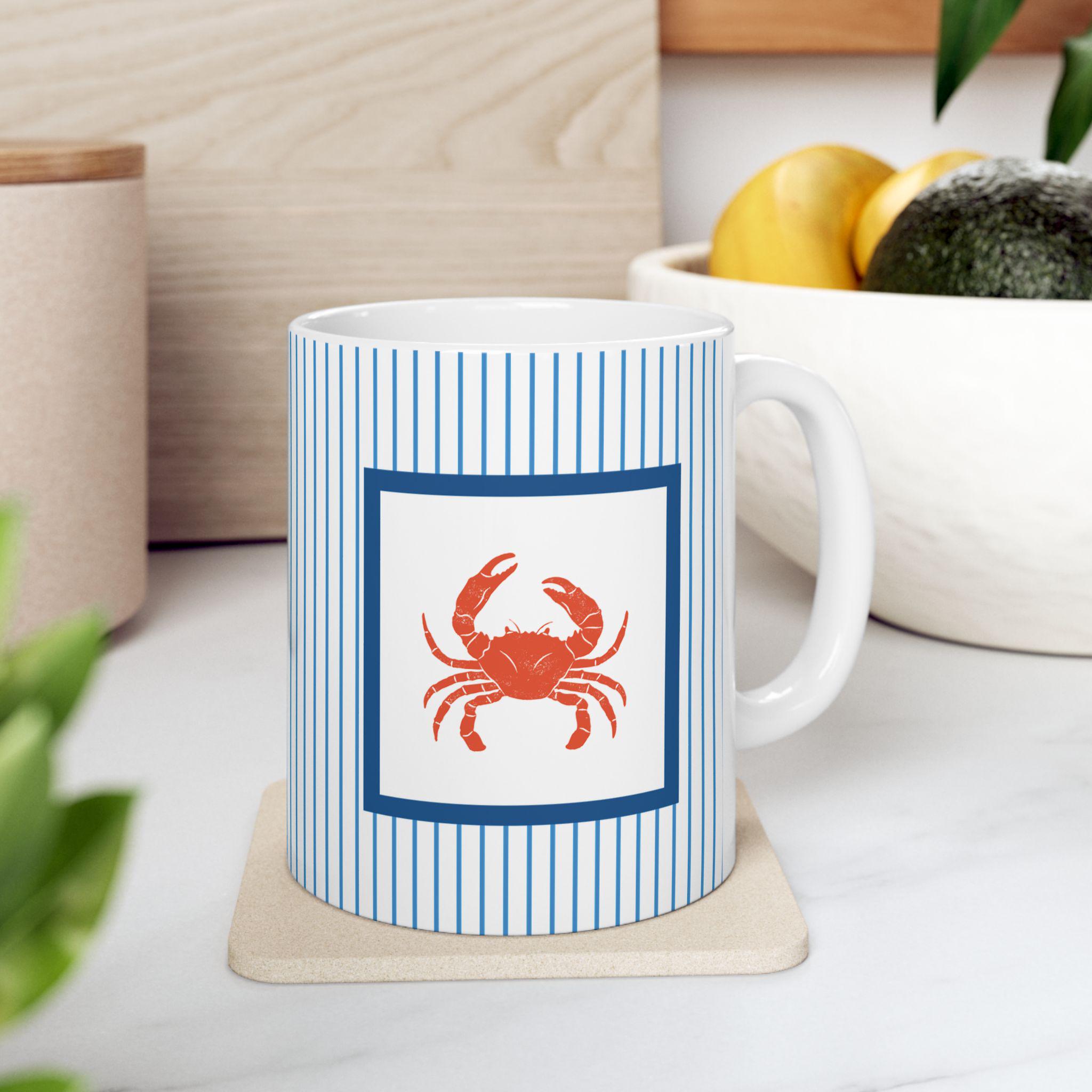 Striped Nautical Crab Mug Beach Theme Coffee Cup Ocean Lover Tea Mug ...