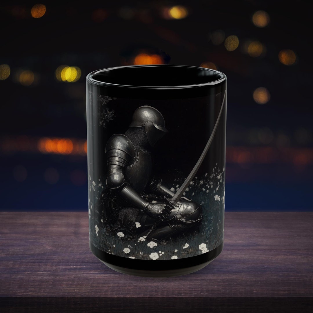 Dark Fantasy Knight Mug, White Flowers, Vintage Design, Gothic Coffee ...