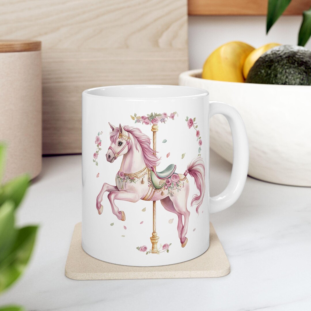Pink Carousel Horse Ceramic Mug Cute Kids Tea Cup Fun Carnival Theme ...
