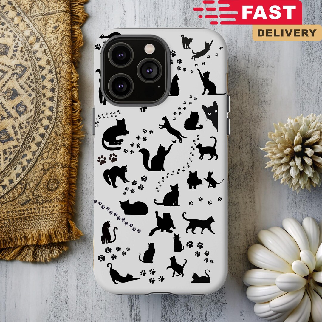 Cat Silhouette Phone Case, Cute Cat Design With Paw Prints, Cat Lover ...