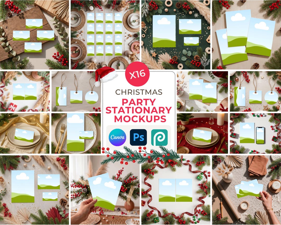 Christmas Theme Party Stationary Mockups, Canva, Photoshop, Editable ...